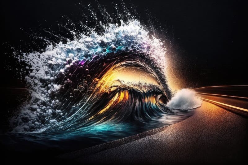 Surfing Wave on the Road at Night Stock Illustration - Illustration of ...