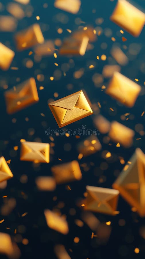 Golden Envelopes Flying Abstract Email Background 3D Render Stock ...