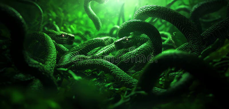 A Captivating Image of Numerous Green Snakes Intertwined in a Lush ...