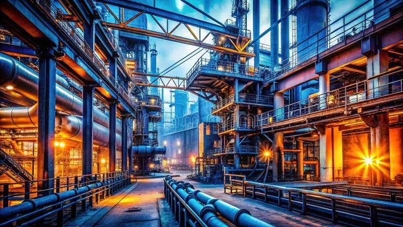 Abstract Industrial Factory Background Blurry Steel Machinery and Pipes ...