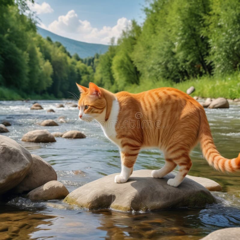 River Explorer: the Orange Cat S Quest for Fish Stock Image - Image of ...
