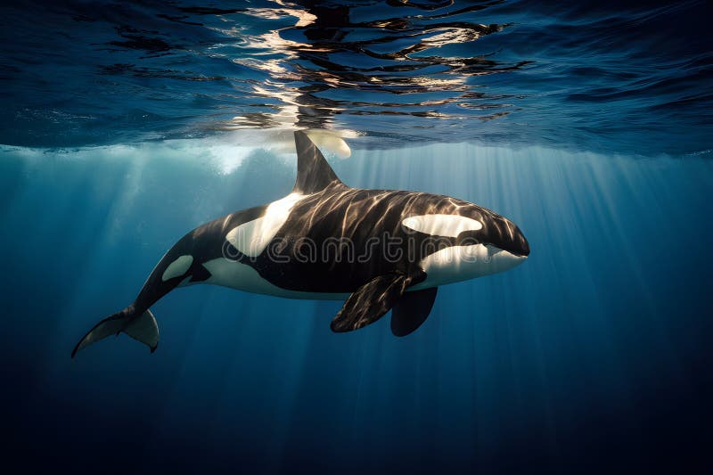 Orca Swimming Underwater, Sunlight Rays, Stunning Visual Contrast in ...