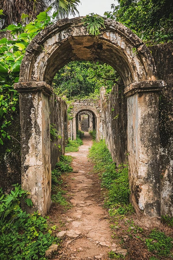 Overgrown Archway Path Leading To Ancient Ruins Stock Illustration ...
