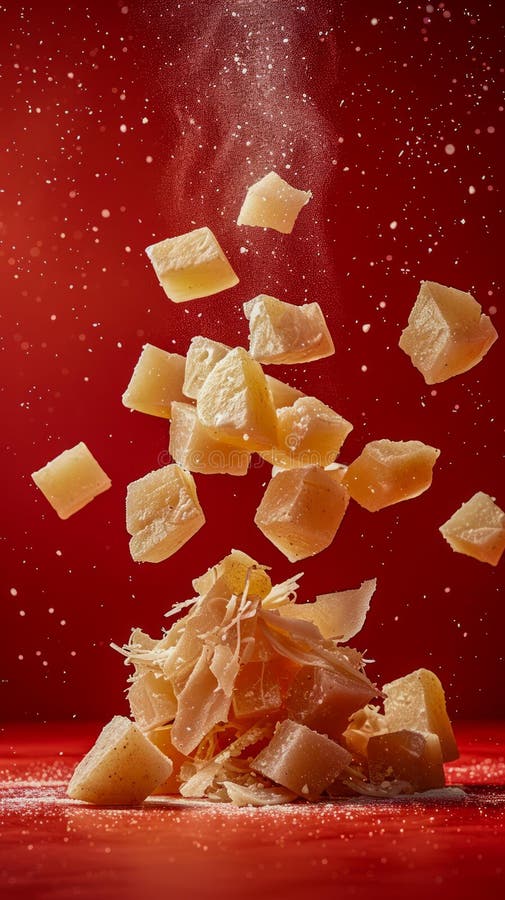 Captivating Image of Parmesan Cheese Chunks Falling on a Vibrant Red ...
