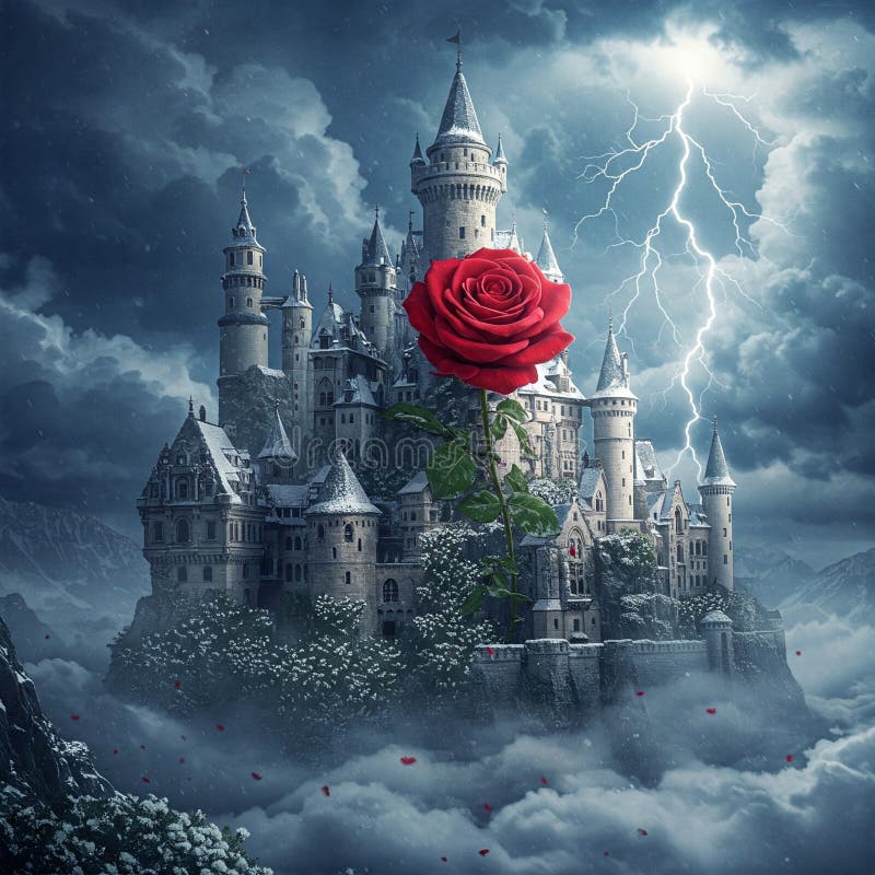 Fortress of Dreams: Where Roses Bloom in the Clouds Stock Illustration ...