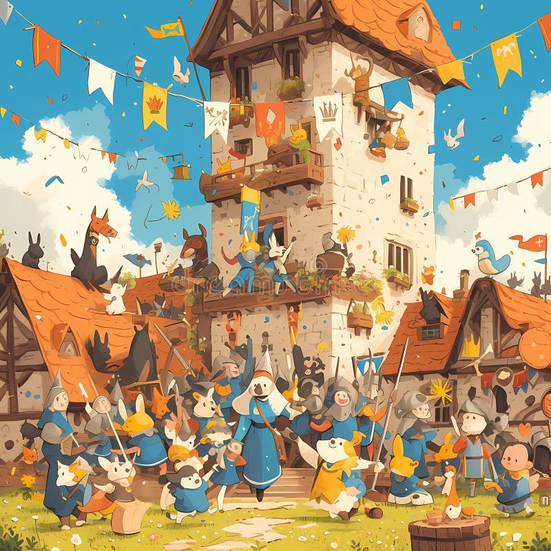 Medieval Fantasy Animals Gathering at Castle Gates Stock Illustration ...