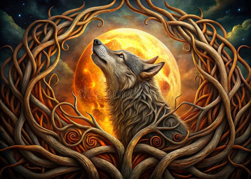 Ancient Wolf Embrace: Intricate Celtic Knotwork, Fiery Moon Symbol, and ...