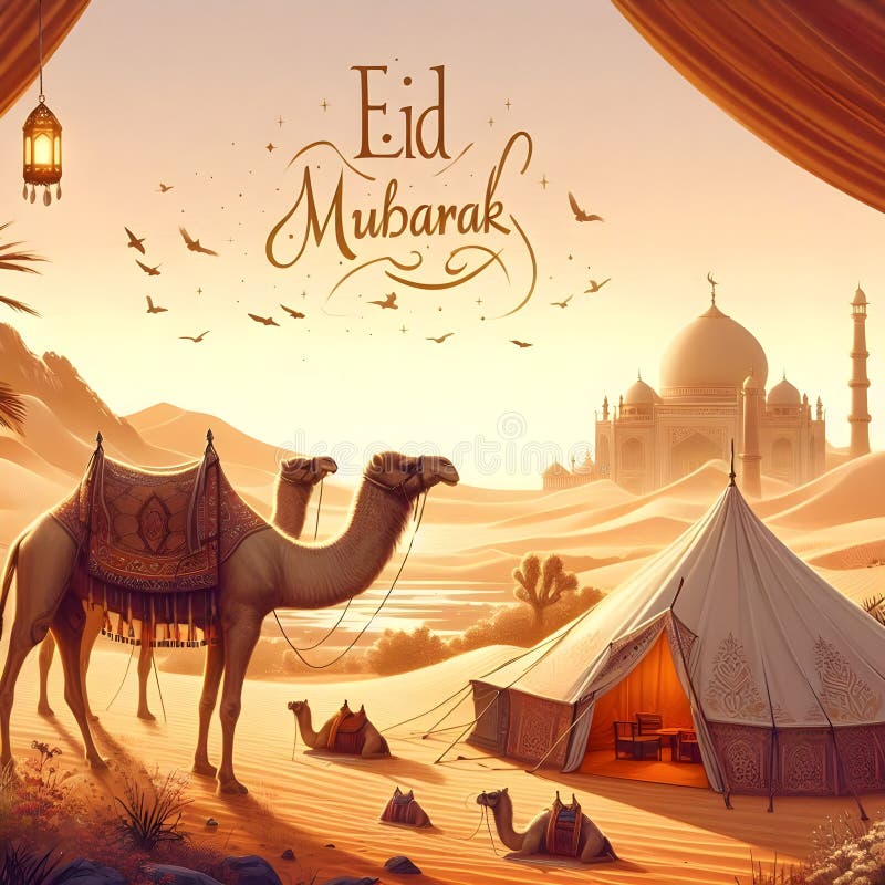 Eid Mubarak – Stunning Desert Scene with Camels, Tents, and Islamic ...