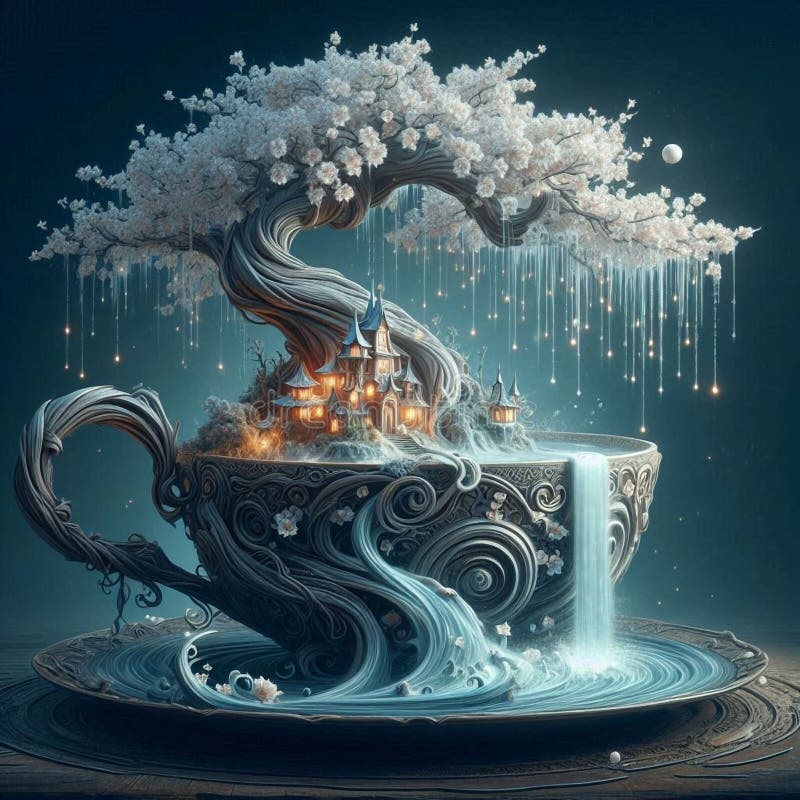 Enchanted Teacup Garden: Tree and Waterfall in Ornate Cup Stock ...
