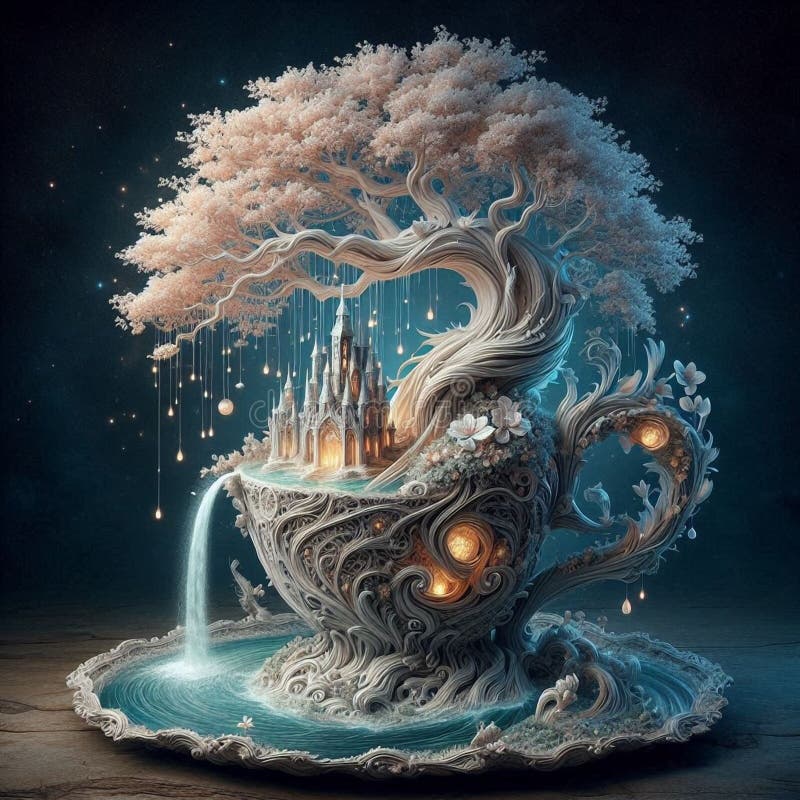 Dreamy Teacup Scene: Tree with Lights and Waterfall Illustration Stock ...
