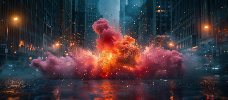 Urban Explosion at Night Creates Dramatic Scene with Red and Orange ...