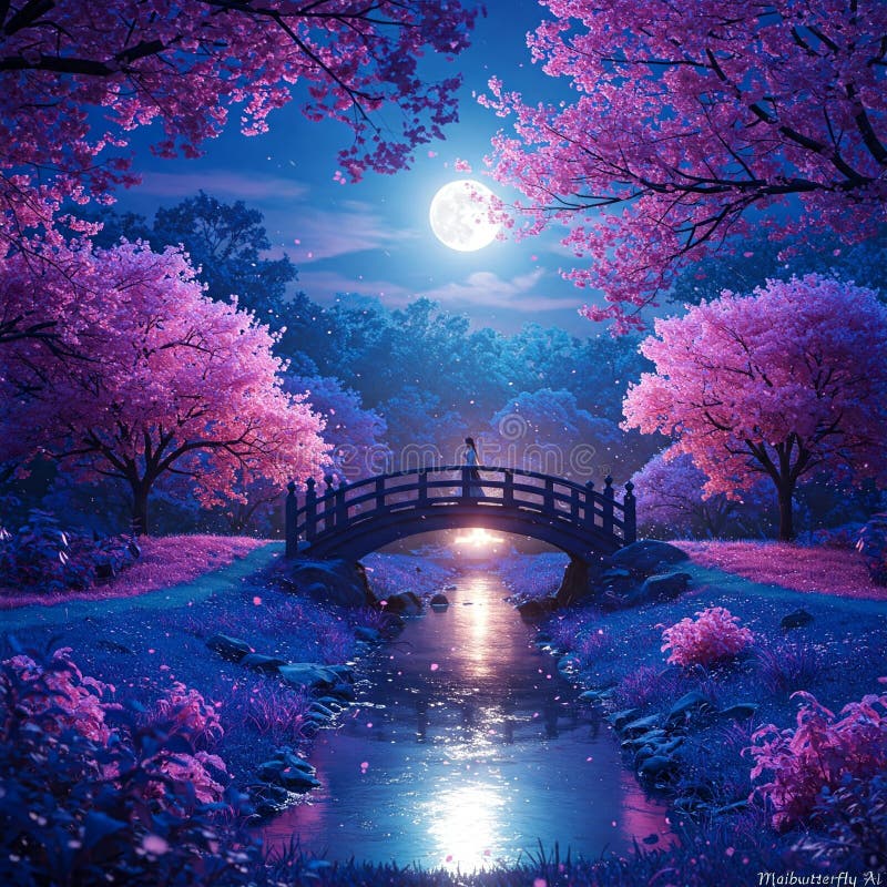 Dream Bridge: Where Moonlight Meets Rainbow Trees Stock Illustration ...