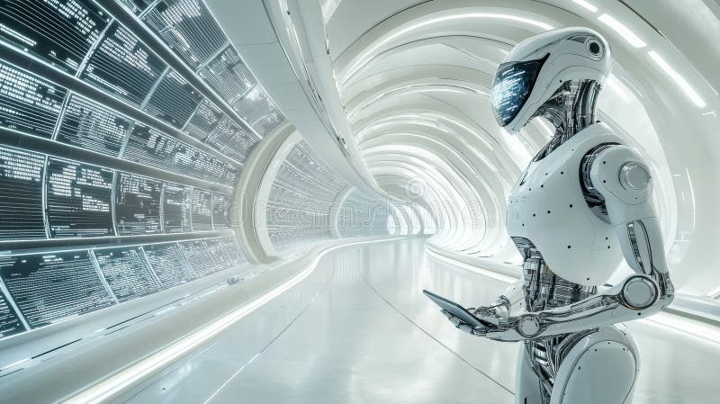 Exploring the Future of Artificial Intelligence through a Humanoid in a Futuristic Tunnel ...