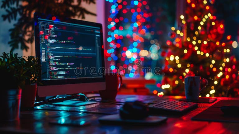 Programmer S Laptop with Code Editor in a Festively Decorated Christmas ...