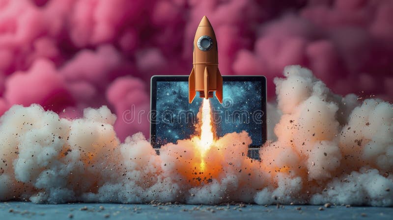 Rocket Igniting from a Laptop Surrounded by Clouds Stock Illustration ...