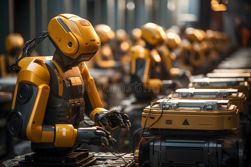 Symphony of Yellow: a Mesmerizing Row of Robots Waiting in Unity Stock ...