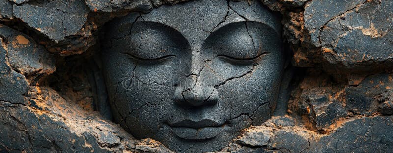 Serene Buddha Face Emerging from Stone Stock Illustration ...