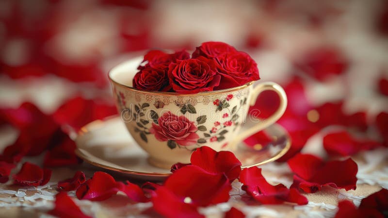Red Roses in a Vintage Teacup a Romantic Still Life Stock Illustration ...