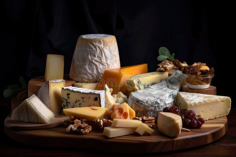 A Tempting Selection of Cheeses Arranged on a Rustic Cheese Board for a ...