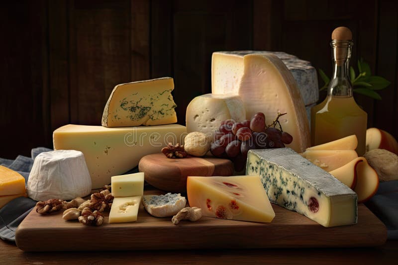 A Tempting Selection of Cheeses Arranged on a Rustic Cheese Board for a ...