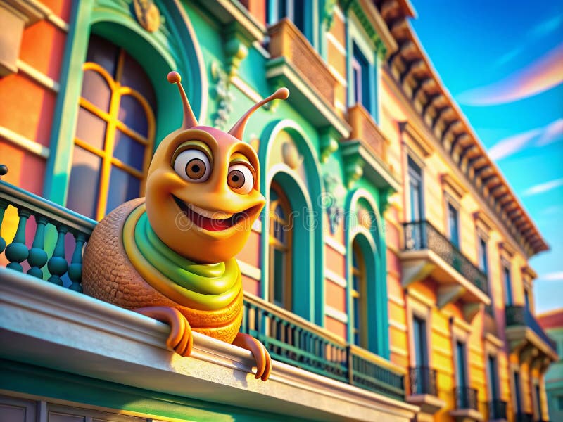 Whimsical Architectural Scene Featuring a Cartoon Slug Exploring ...