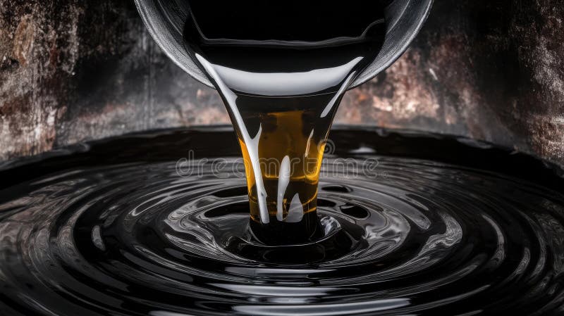 Close-up of Dark Liquid Pouring Smoothly into a Reflective Surface ...