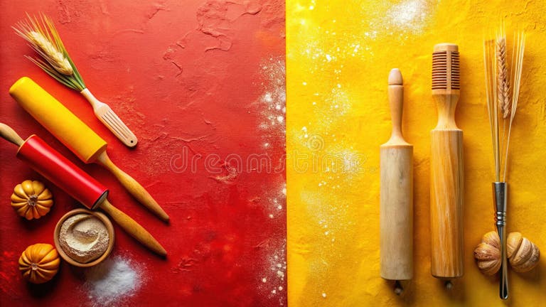 Vibrant Red and Yellow Baking Supplies Rolling Pin Dough Knife Brush ...