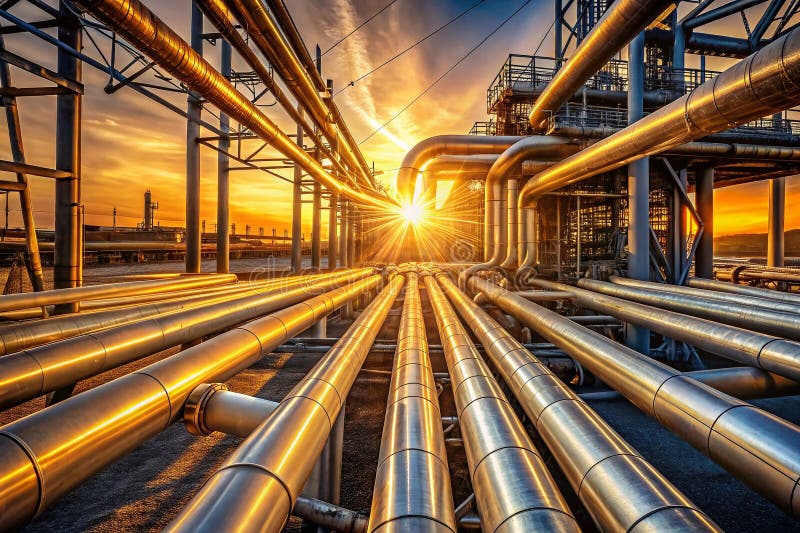 Futuristic Pipeline Network Silhouetted Against a Dramatic Sunset ...