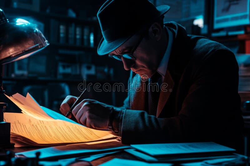 A Detective Immersed in Work Under Soft Lighting. the Atmosphere Evokes ...