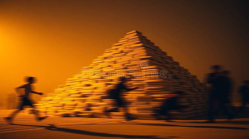Silhouetted Figures Running Past a Large Pyramid-shaped Structure at ...