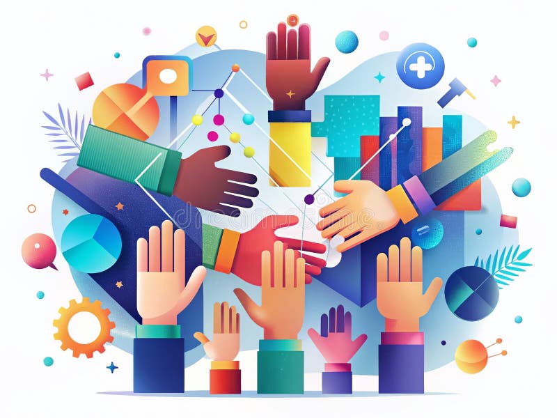 Vibrant Cartoon Hands in Teamwork Abstract Figures and Bokeh Background ...