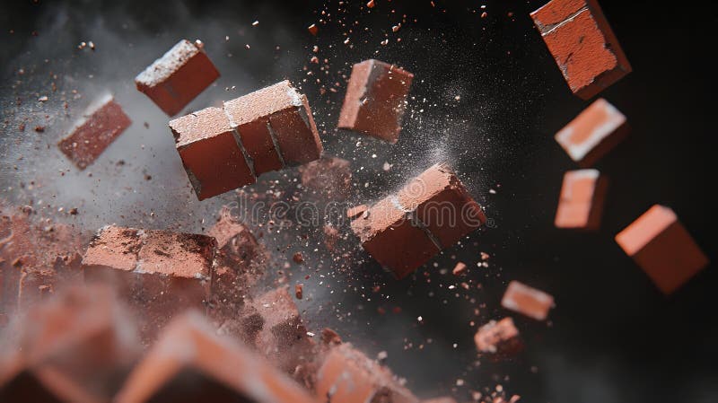 High Energy Brick Explosion with Dust and Particles in Motion Stock ...
