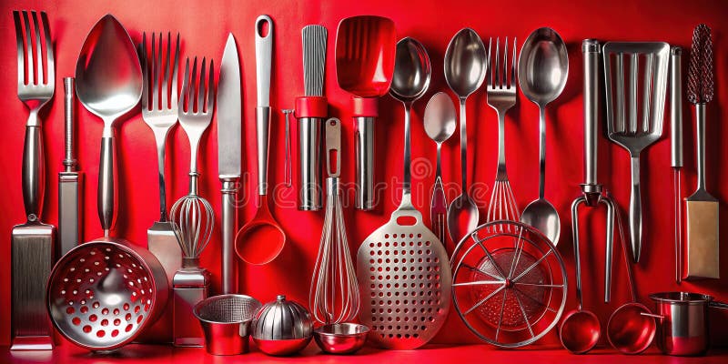 A Striking Double Exposure of Silver Kitchen Utensils Against a Vibrant ...