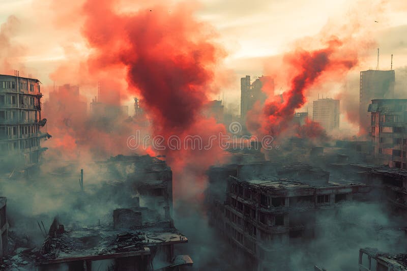 Dramatic Urban Landscape with Smoke and Fire in a Dystopian Setting ...