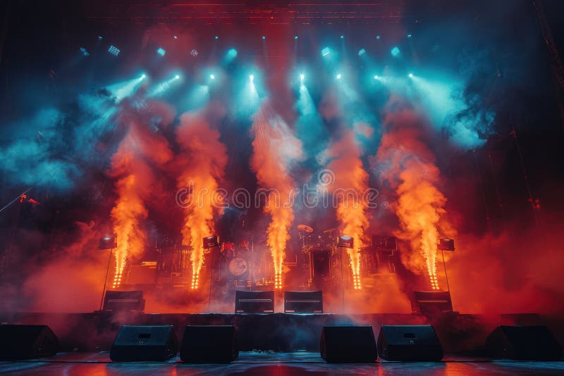Empty Concert Stage with Illuminated Spotlights and Smoke Background ...
