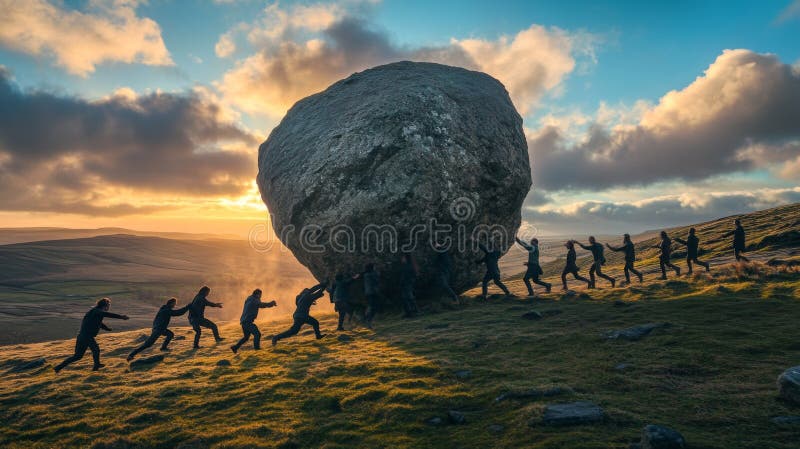 A Group of Individuals Pushing a Massive Boulder at Sunset. the ...