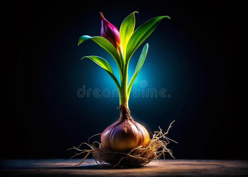 A Stunning Botanical Silhouette Backlit Lily Bulb Sprout and Roots ...