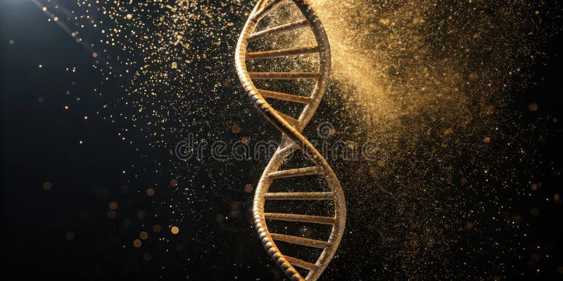 Intricate DNA Helix Structure with Golden Particles on Dark Background ...