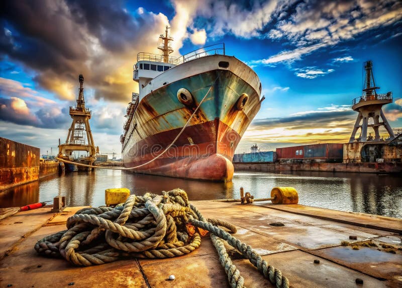 Detailed Shipyard Vessel Mooring for Repair and Maintenance a CloseUp ...