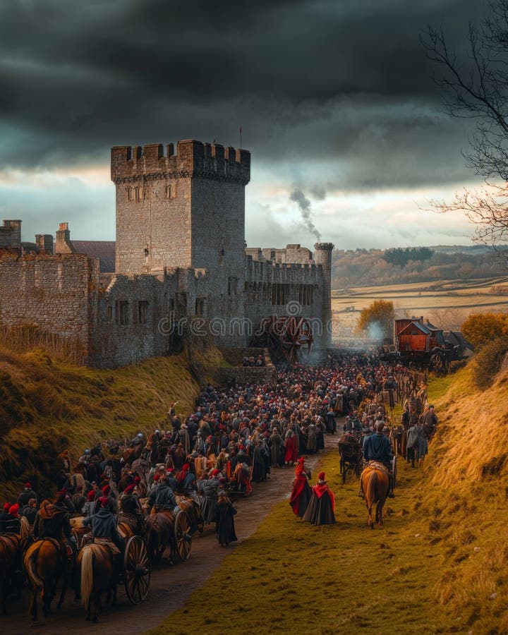 A Dramatic Scene Unfolds Outside a Towering Castle. a Crowd Gathers ...