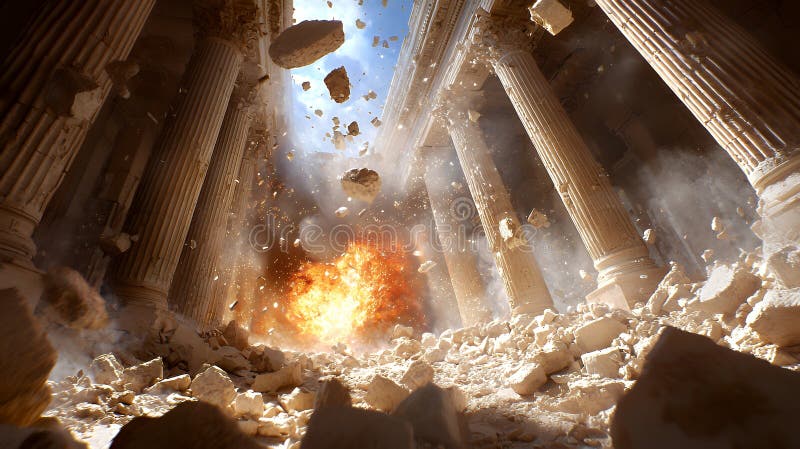 Ancient Temple Ruins Explode in a Fiery Catastrophe Stock Illustration ...