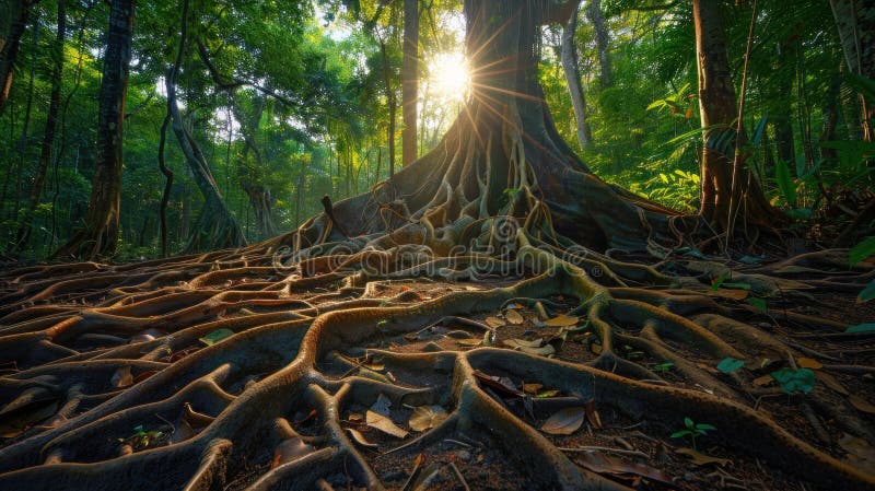 Massive Roots of an Ancient Tree in Lush Jungle Forest Stock ...