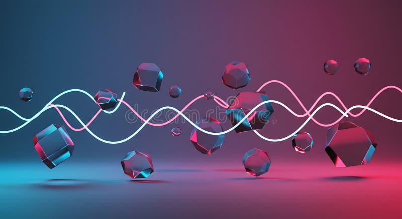 Abstract 3D Render: Floating Geometric Crystals with Neon Wave Lines ...