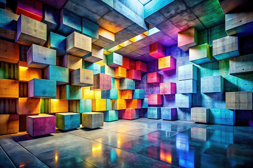 A Study in Spatial Illusion Tilted Concrete Cubes in an Abstract Interior Capturing Modern ...
