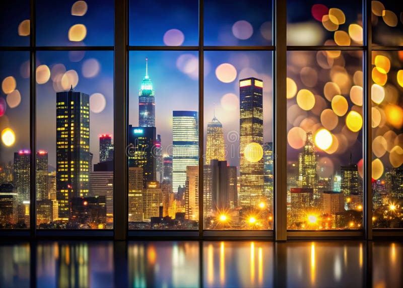 City Lights Mirror in Sparkling Clean Windows a Nighttime Reflection ...