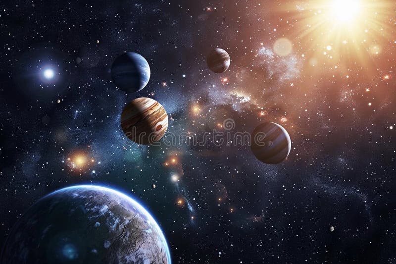 Many Planets in the Sky with Bright Light Stock Illustration ...