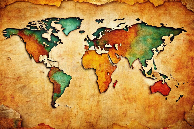 A Faded World Map on Rustic Textured Paper a Vintage Graphic Design ...