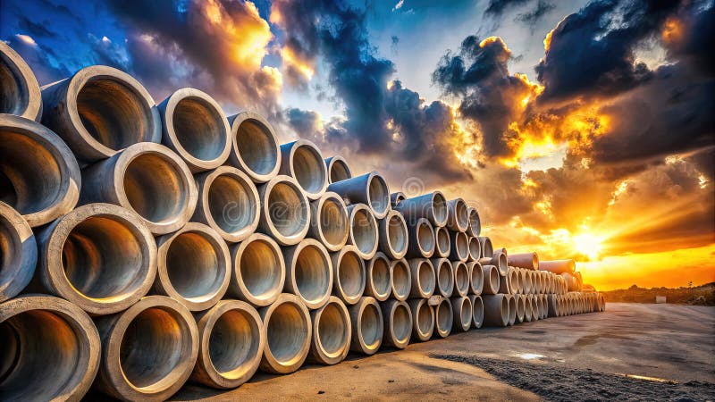 Stacked Concrete Pipes a Striking Industrial Landscape Photography of a ...
