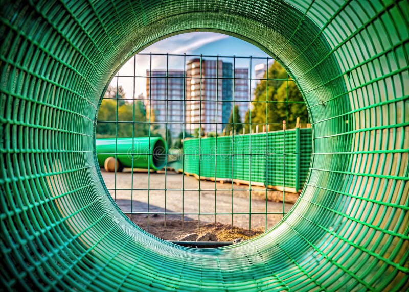 Minimalist Construction Site Circular Pipe Frame Green Mesh Fence White ...