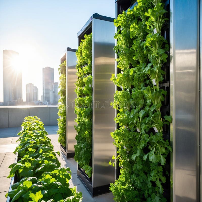 Vertical Farming Units with Sunlit Rows of Herbs in a Clean City ...